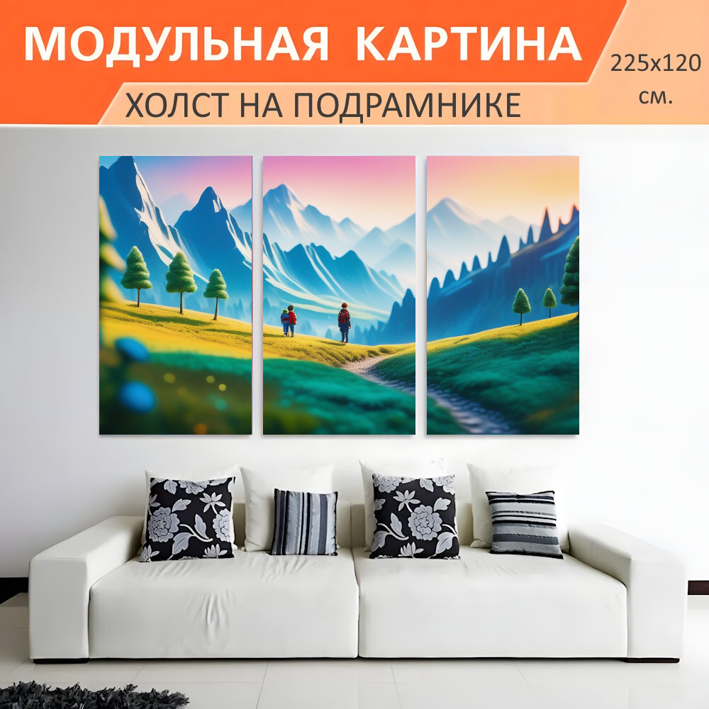 Модульная картина на холсте "Пейзаж с детьми гуашь красивый" триптих на подрамнике 225х120 см. для интерьера