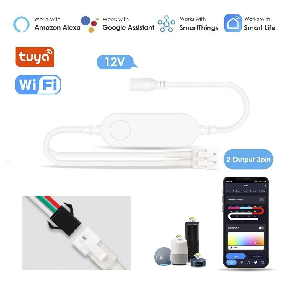 RGB контроллер для адресной светодиодной ленты WiFi, Контроллер RGB ленты 12v / 24v, Tuya smart life