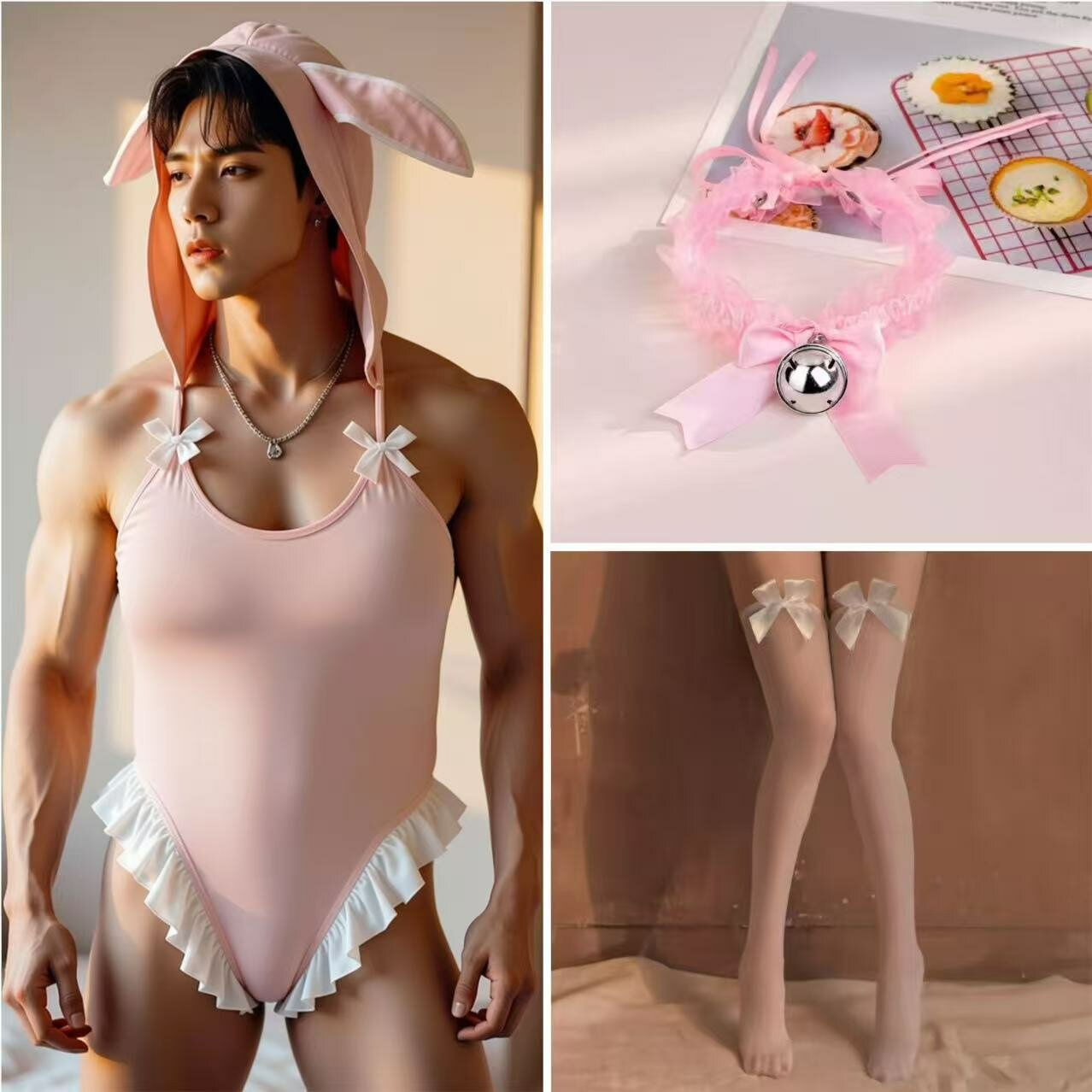 Розовый костюм слуги-мужчины для ролевых игр, боди с капюшоном, нижнее белье, парная униформа, стиль «девушка-зайчик», флирт, размер: Один размер подходит всем