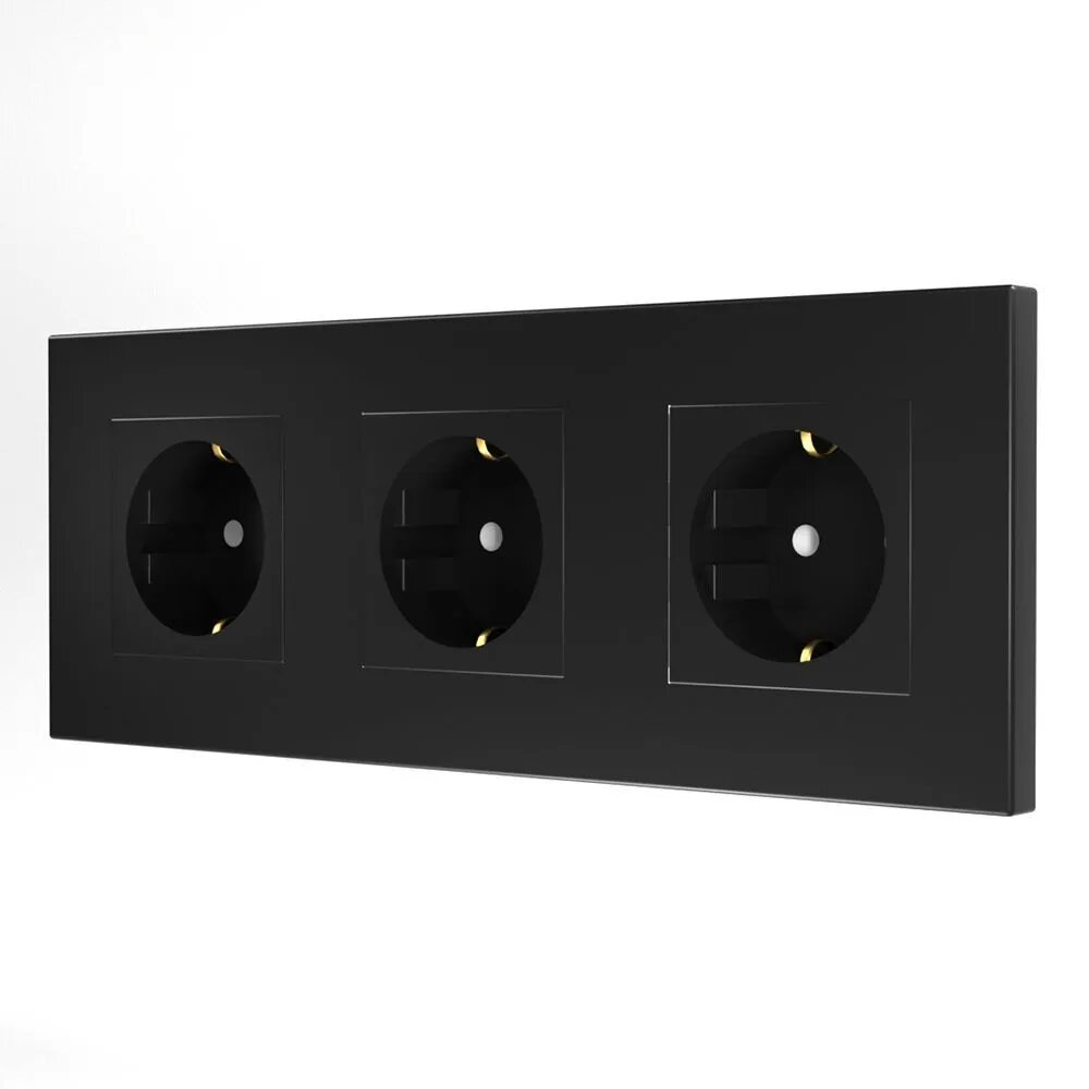 Розетка электрическая тройная с заземлением PC рамка пластик встраиваемая Черный 16А 250В