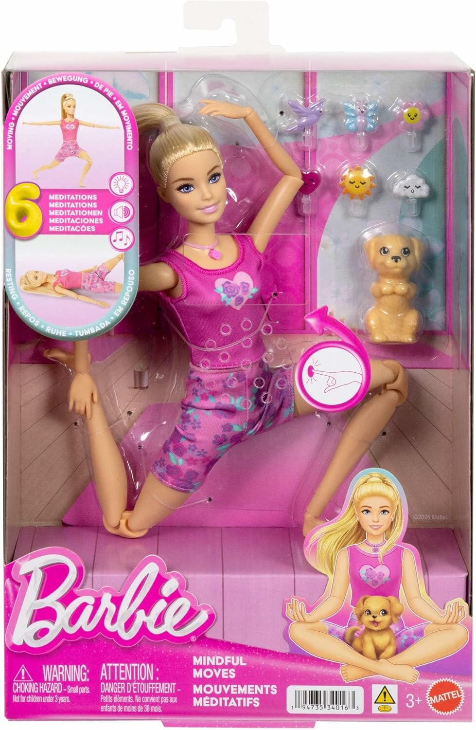 Кукла Mattel Barbie Mindful Moves - Кукла Барби блондинка в костюме для йоги, 6 режимов медитации со светом, звуком и музыкой + фигурка собаки, Барби JJN55