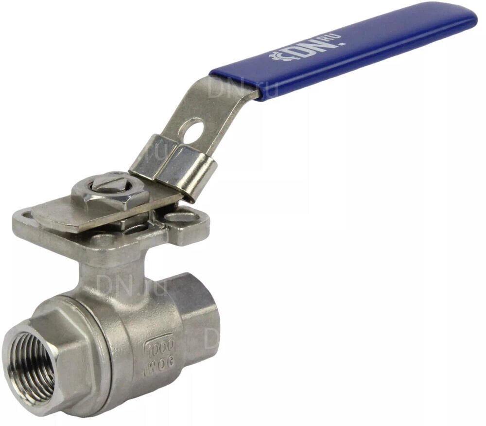 Кран шаровой DN.ru кшмп.316.230-ISO Ду15 Ру63 полнопроходной, двухходовой, нержавеющая сталь SS316, внутренняя резьба, уплотнение - PTFE, с ISO-фланцем и рукояткой, 9х9, F03/F04