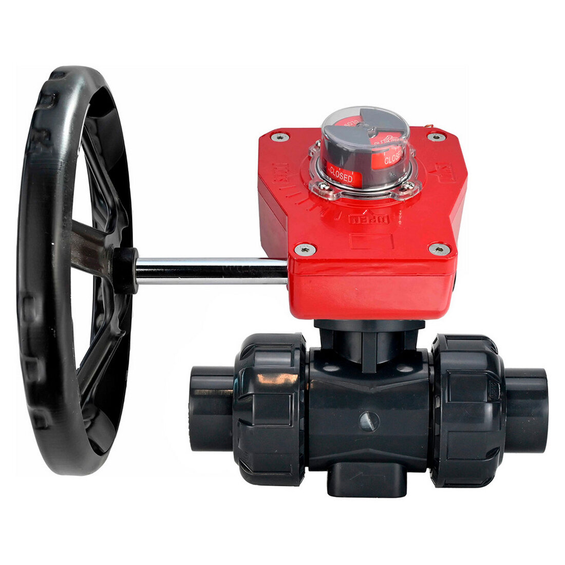 Кран шаровой DN.ru НПВХ-НПВХ-E-FP-GRM-ISO Дн65 Ру10 полнопроходной, клеевой с разборным муфтовым соединением, корпус - НПВХ, шар - НПВХ, уплотнение - EPDM, с редуктором DN. ru HGBF-1 с визуальным указателем положения и датчиком обратной связи (опрессовано)