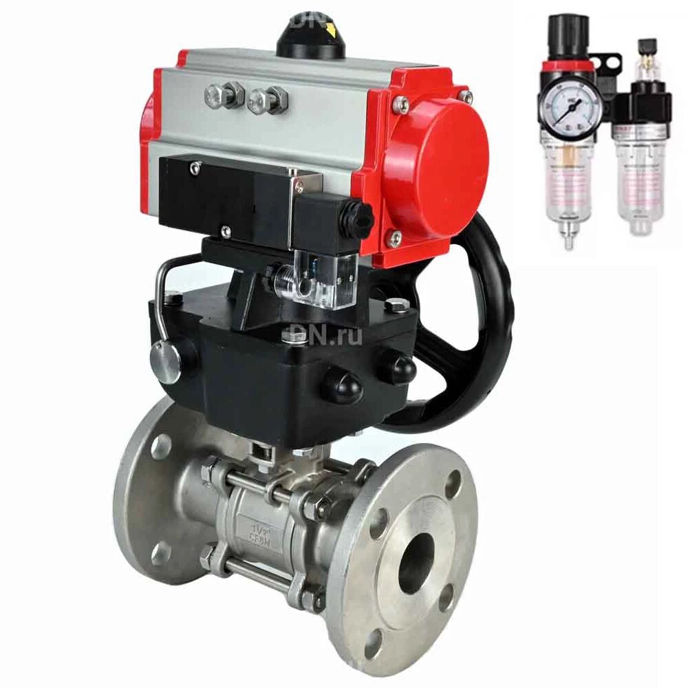 Кран шаровой DN.ru 316-316-FP-F-ISO-H Ду80 Ру40 фланцевый, корпус - нержавеющая сталь 316, полнопроходной, уплотнение - PTFE, с пневмоприводом DA-083, пневмораспределителем PND2-S1EM-52-1NC-J08-24VDC, ручным дублером HDM-2, БПВ APU1-10-40-V08