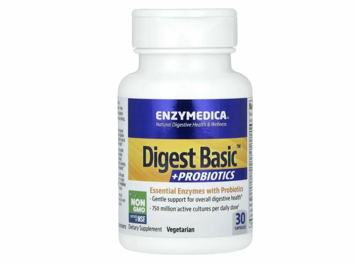 Enzymedica, Digest Basic + пробиотики, 30 капсул (Не содержит ГМО)