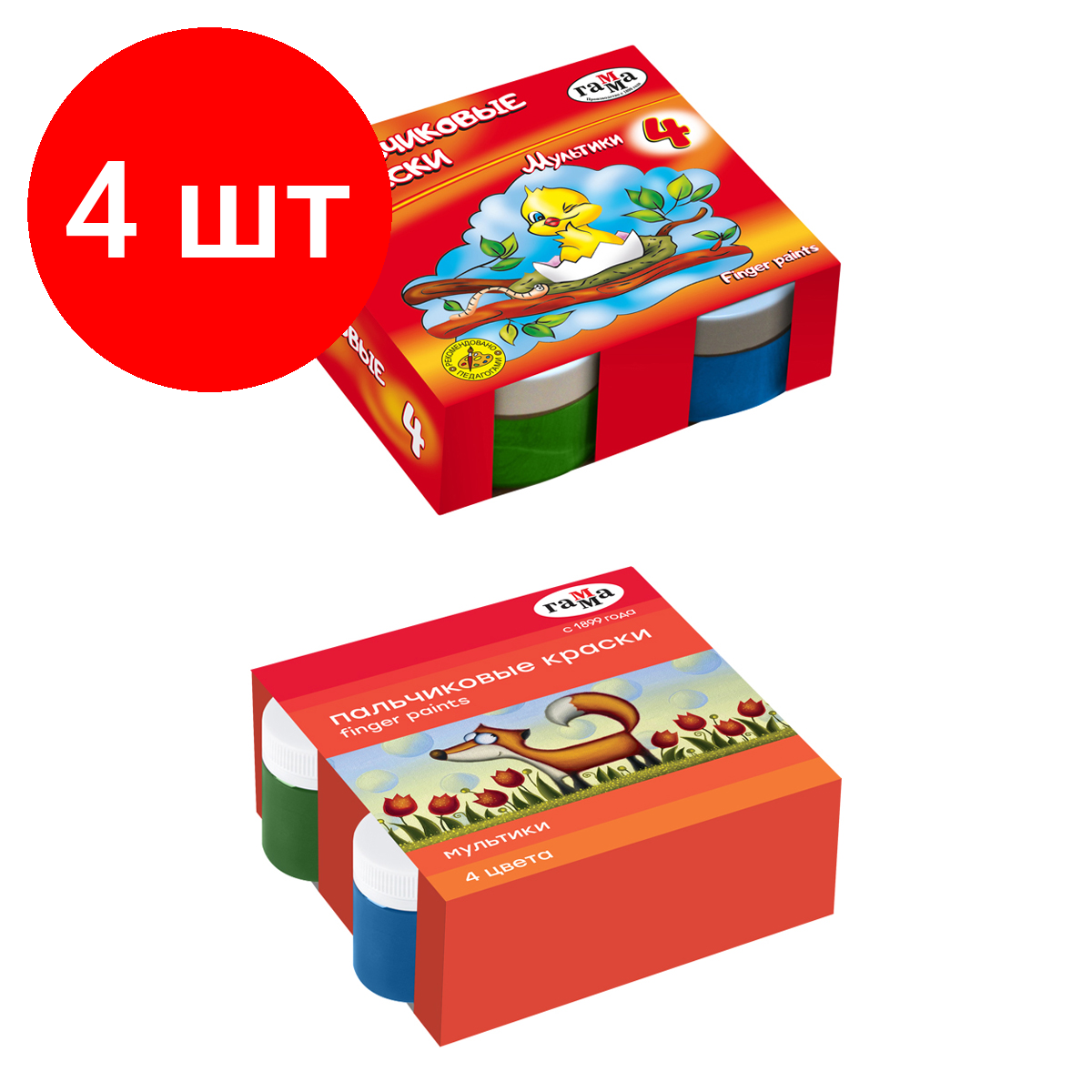 Комплект 4 шт, Краски пальчиковые Гамма "Мультики", классические, 04 цвета, 50мл, картон. упак