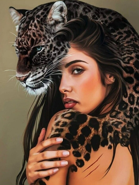 Алмазная мозаика "Девушка с леопардом". На подрамнике, 5D, 40x50 см