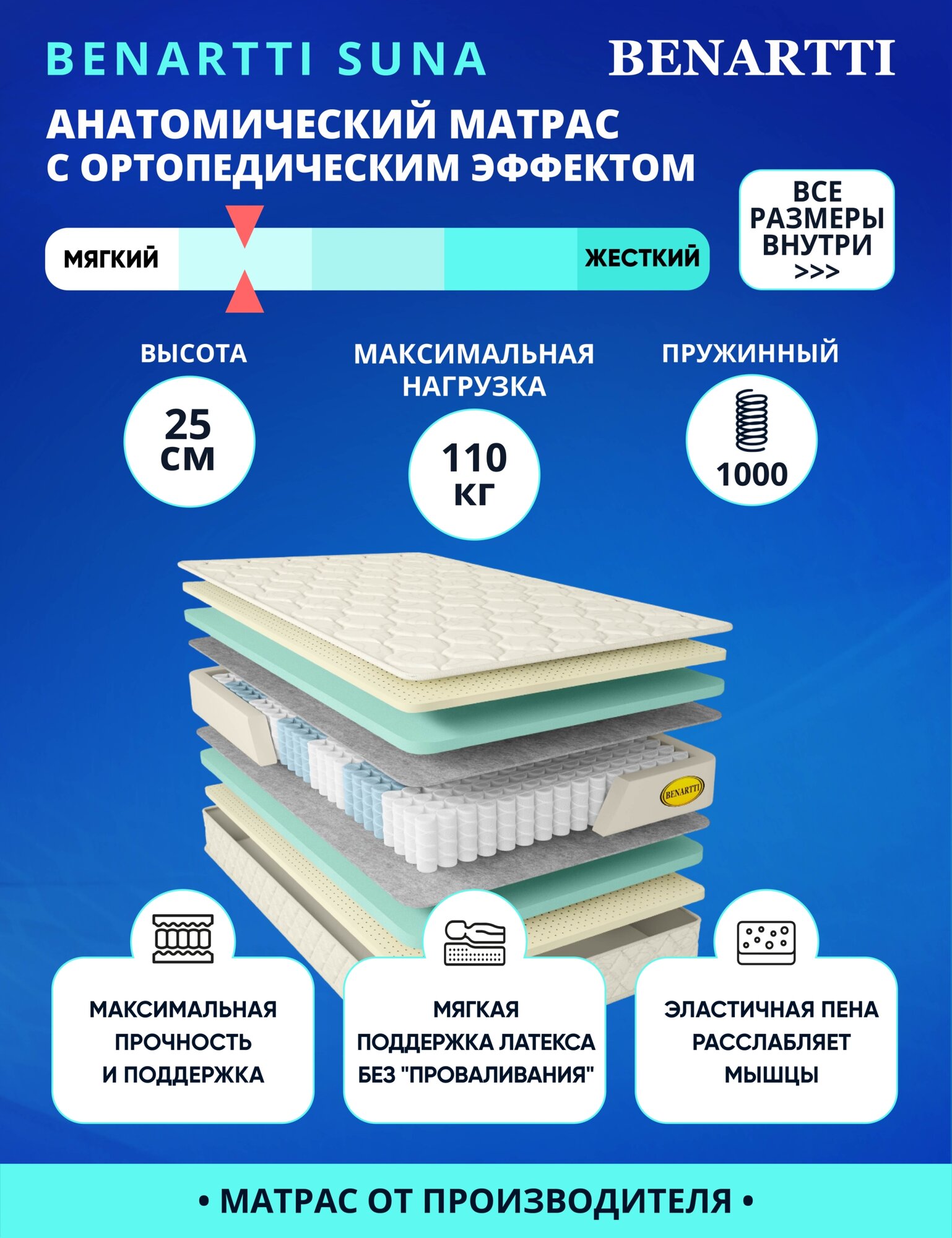 Матрас Benartti Suna 100х175 серии Lux высота 25 см анатомический средней жесткости латексный Независимые пружины