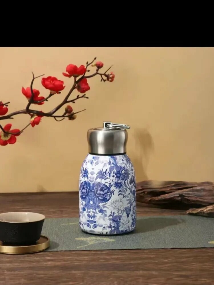 Термокружка сине-белый фарфор, 0.3 л