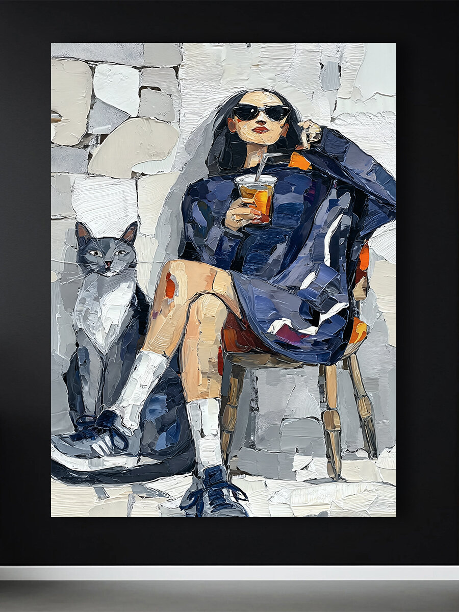 Картина на холсте - "Девушка и котики на отдыхе, дизайнерский арт на стену" , 30х40 см.