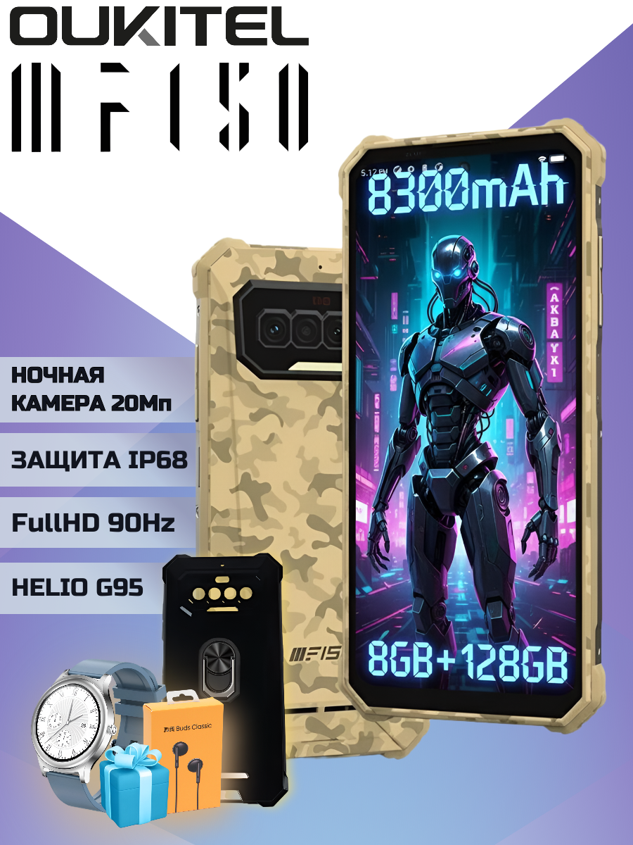Защищенный смартфон IIIF150 R2022 Sahara +Часы+ Наушники+ Чехол+ Стекло, Ночная съемка, IP68, 8300мАч. Гарантия год