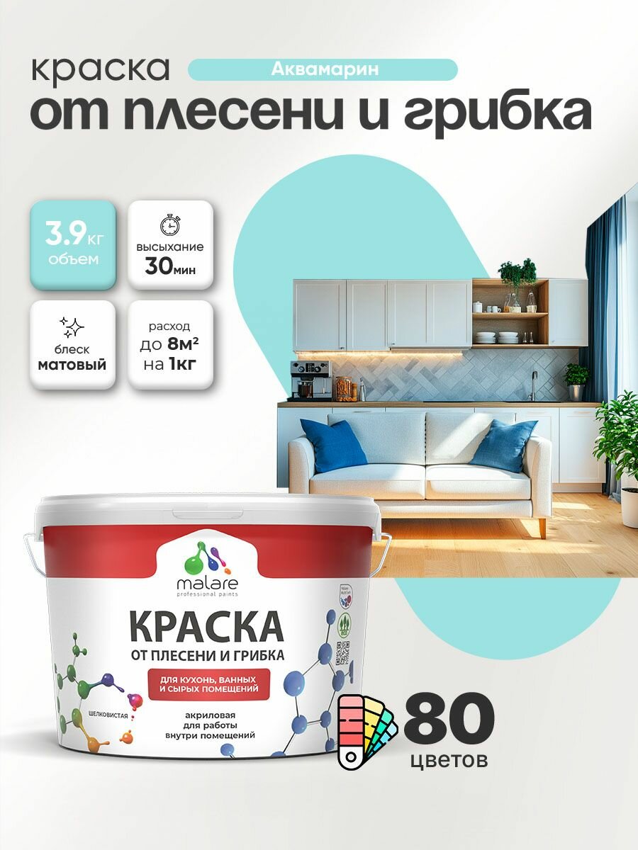Краска Malare Professional от плесени и грибка, для кухни, ванных комнат и сырых помещений, без запаха матовая, аквамарин, (2.7л - 3.9кг)