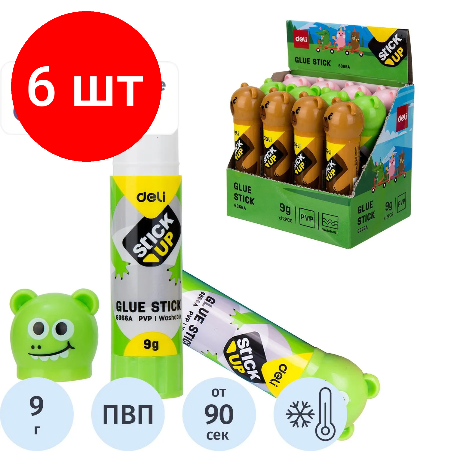 Комплект 6 штук, Клей-карандаш школьный 9г Deli с колпачком в форме зверька, ассорти E6366A