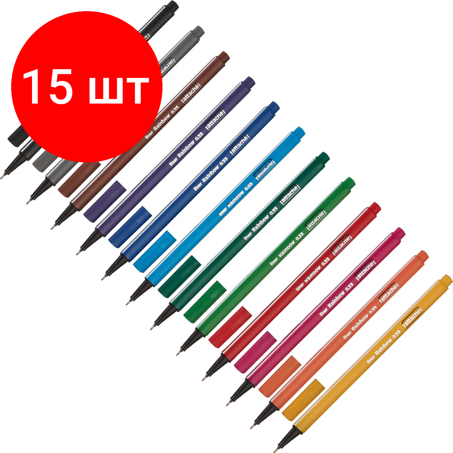 Комплект 15 упаковок, Линер Attache Rainbow 12цв/набор 0.33 мм трехгран. корпус