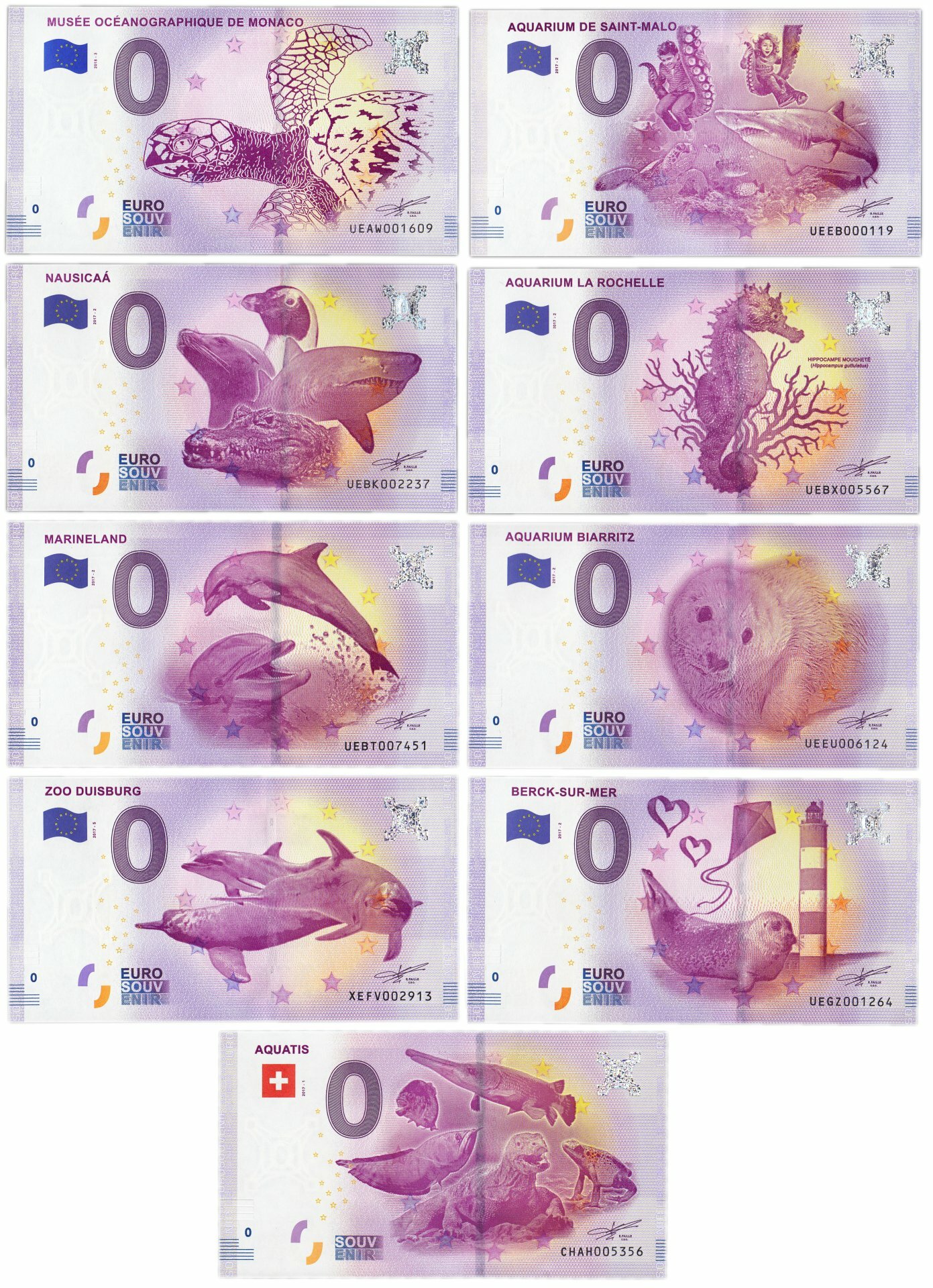 0 евро euro набор из 9 банкнот "Водный мир"