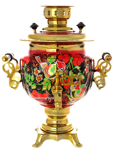 Электрический самовар 3 литра с художественной росписью "Птица, рябина на красном фоне" с автоматическим отключением