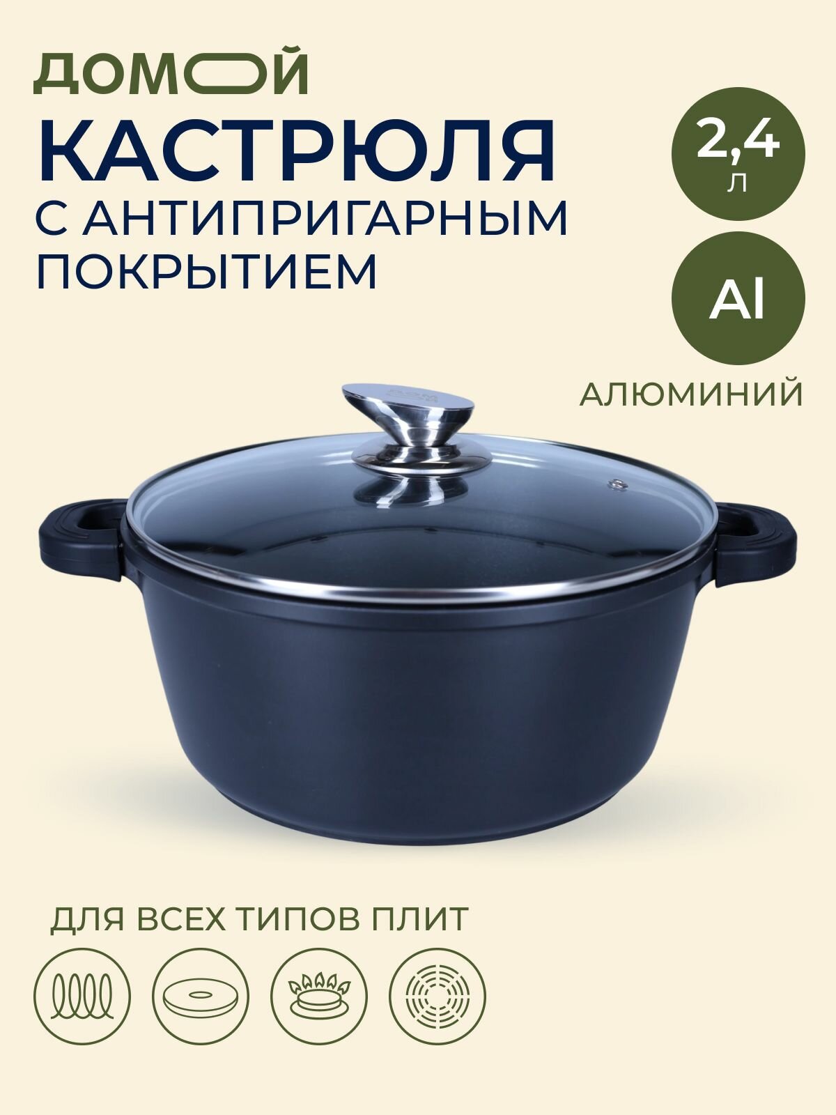 Кастрюля со стеклянной крышкой домой LINO 2,4 л, литой алюминий, силик. ручки