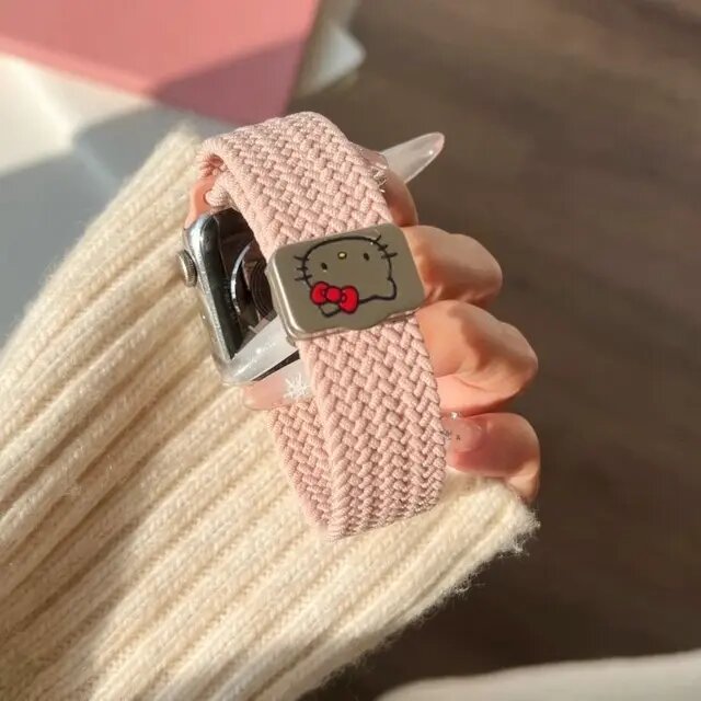 Эластичный нейлоновый плетеный ремешок для часов Hello Kitty, совместимый с ремешками Apple Watch размеров 44 мм/40 мм/45 мм/41 мм/49 мм/42 мм/38 мм, а также с серией iWatch Ultra.