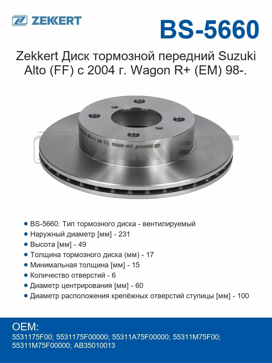 Zekkert Диск тормозной передний Suzuki Alto (FF) с 2004 г. Wagon R+ (EM) 98-.