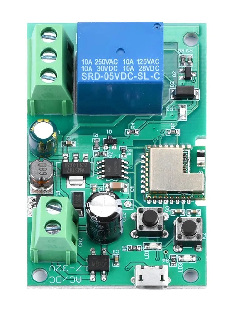 Модуль реле с удаленным управлением по Wi-Fi, разъем Micro USB, печатная плата (PCB)/ eWeLink(Yiweilian APP USB 5V / DC7-32V