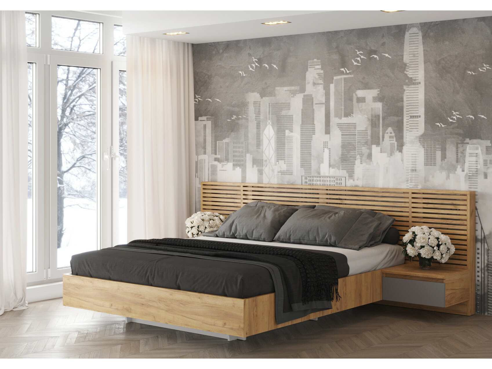 Кровать двуспальная с ортопедом и ПМ с двумя тумбами, ЛДСП, 160, крафт золотой/серый шифер