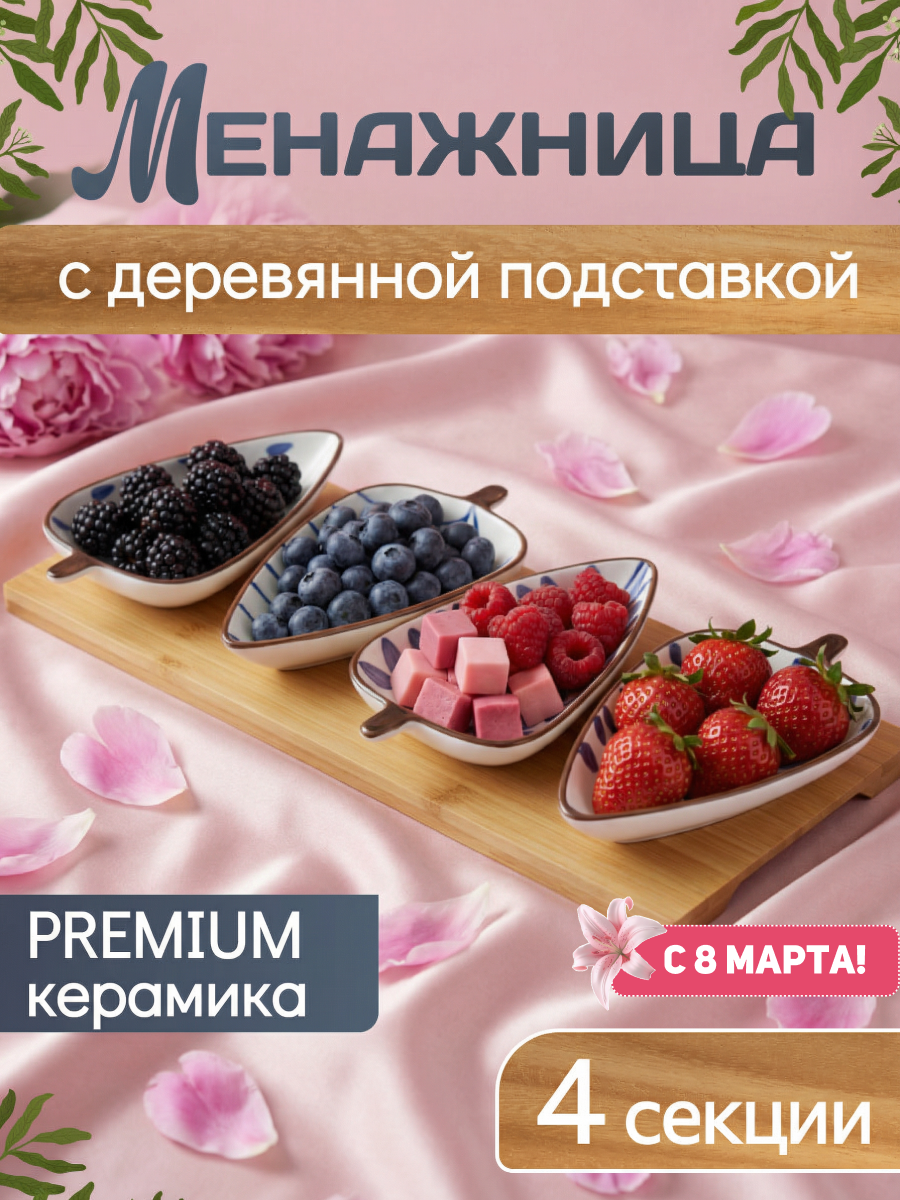 Набор менажниц 4 секции 14,8х8,5х2,5 см, на бамбуковой подставке 33х14,5х1 см КС-7049