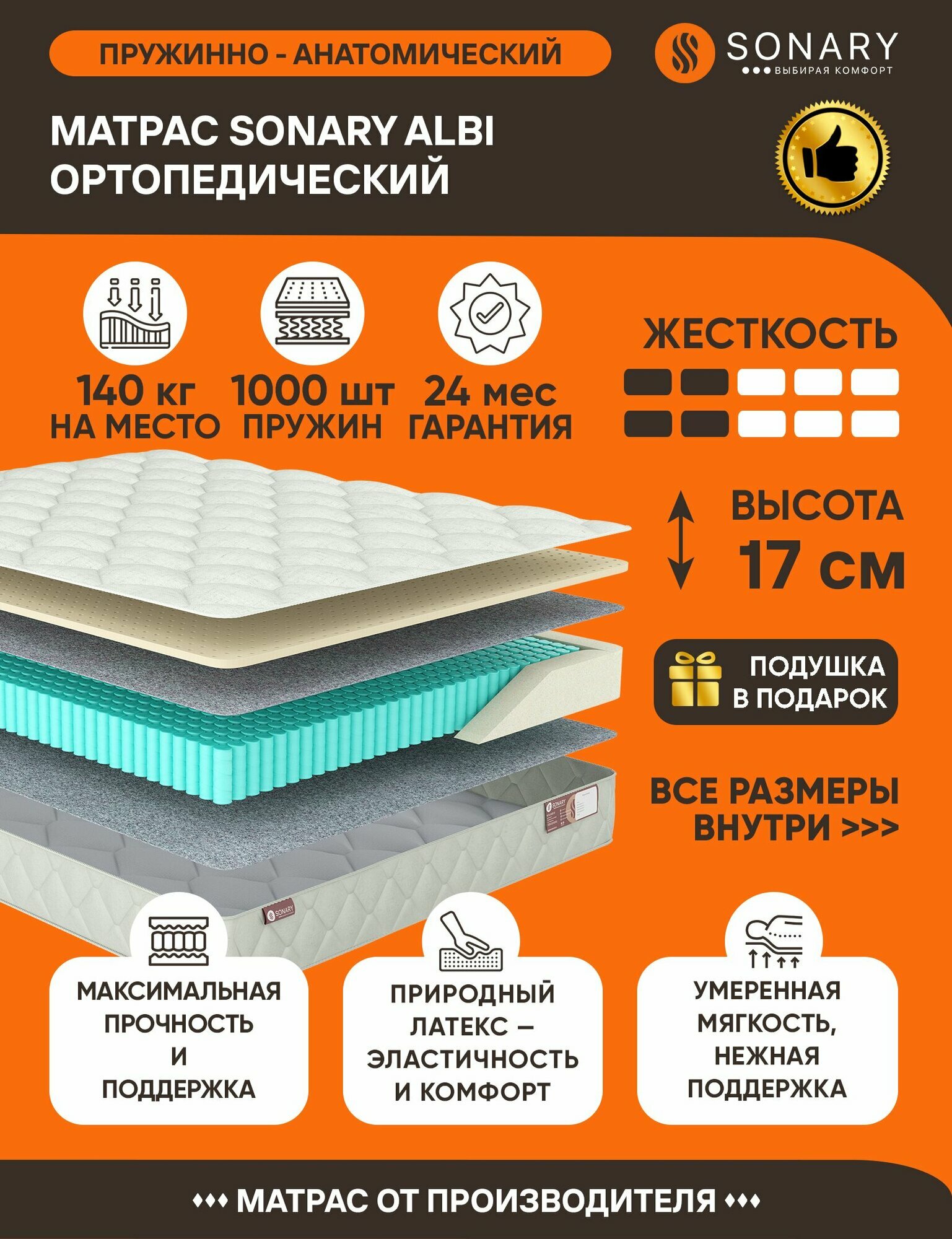 Матрас Sonary Albi 85х180 серии Town высота 17 см анатомический средней жесткости латексный Независимые пружины