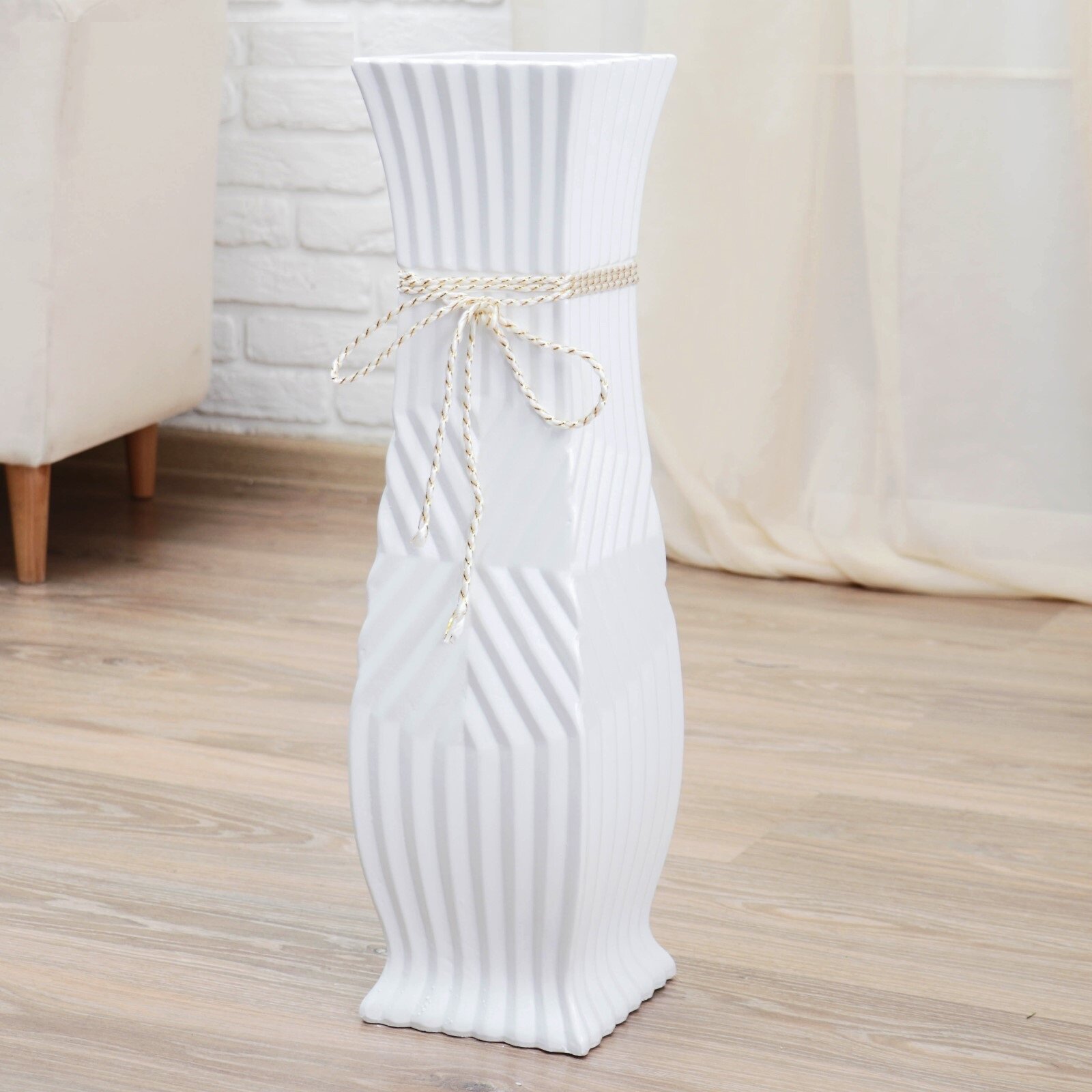 Керамическая ваза для цветов, сухоцветов «Данте», зигзаг со шнурком, напольная, 15×60 см, белый