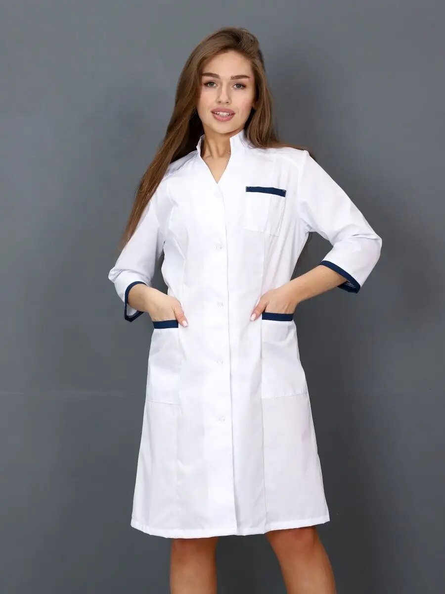 Халат медицинский белый на пуговицах короткий