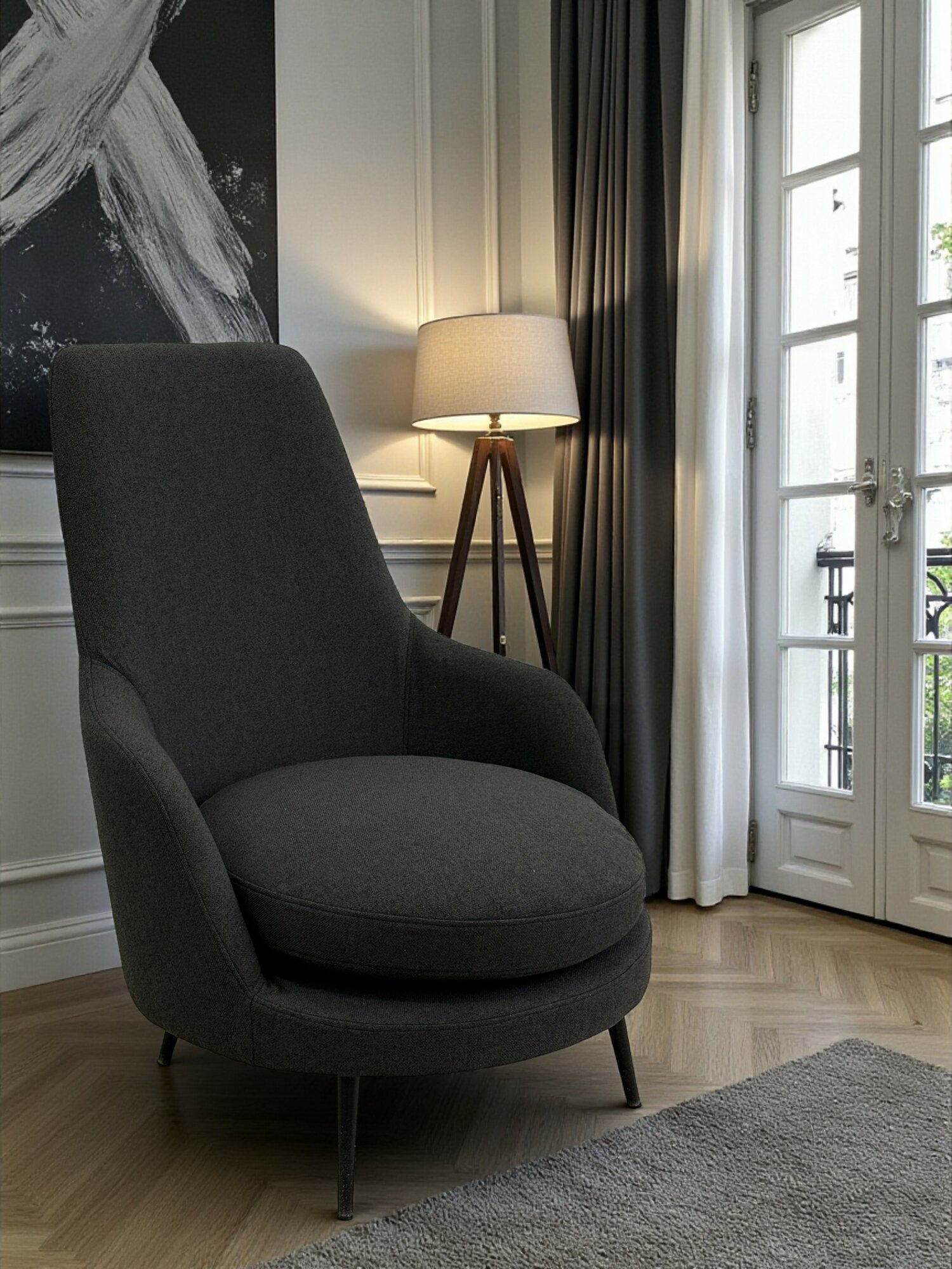 Кресло мягкое для дома Бонфи, черное кресло с высокой спинкой