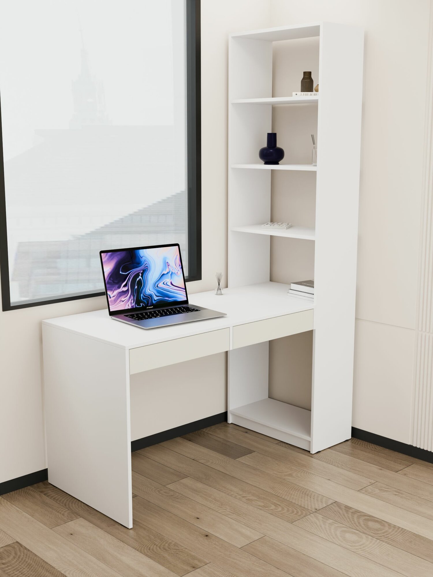 Изумлит Стол-стеллаж письменный угловой для учебы и работы Джокер, стеллаж справа 200х59.2х140 см, белый-бежевый