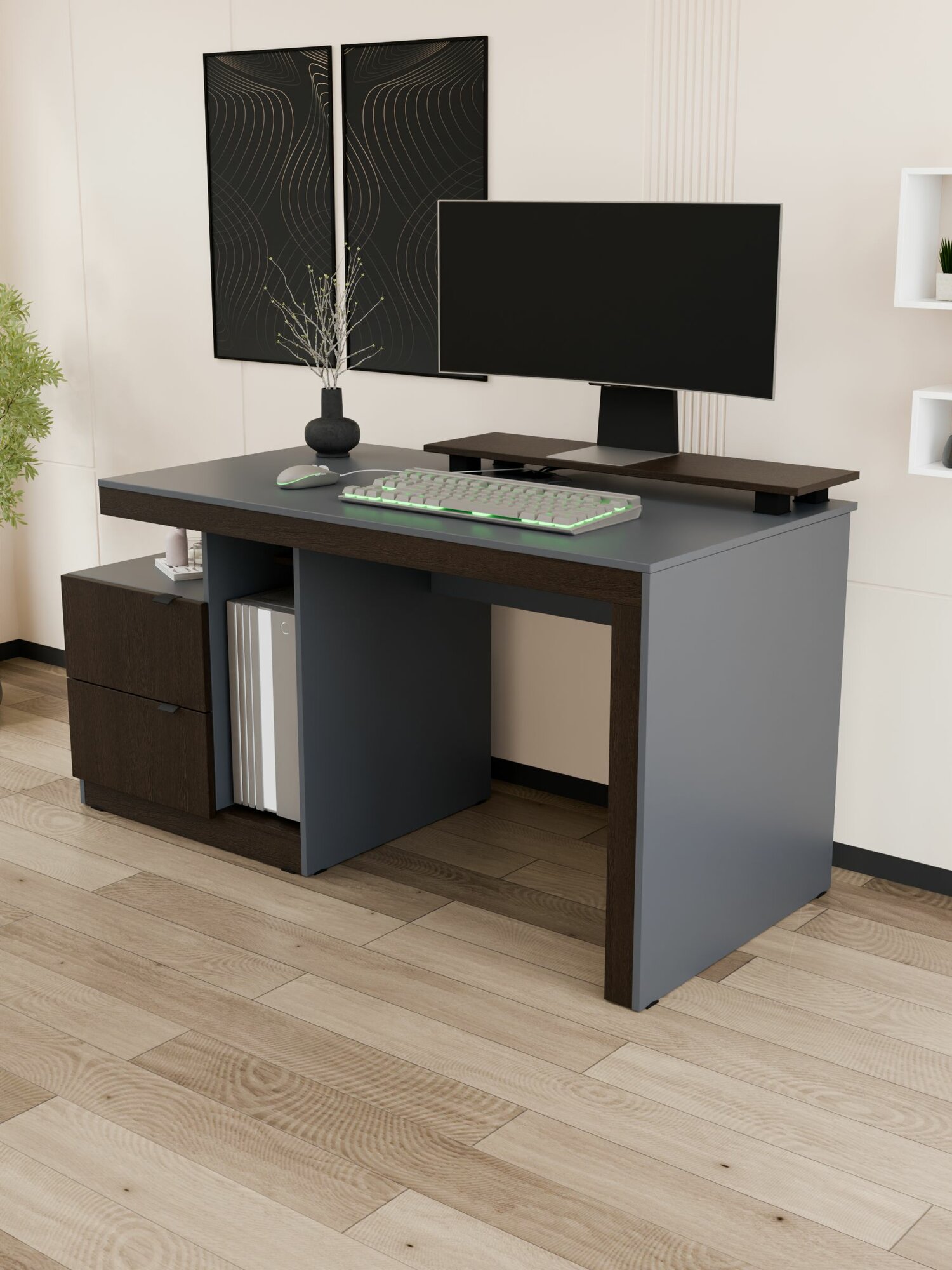 Изумлит Стол компьютерный для офиса и дома Вертикаль Лайт 162х80х74.5 см, тумба слева, графит-венге