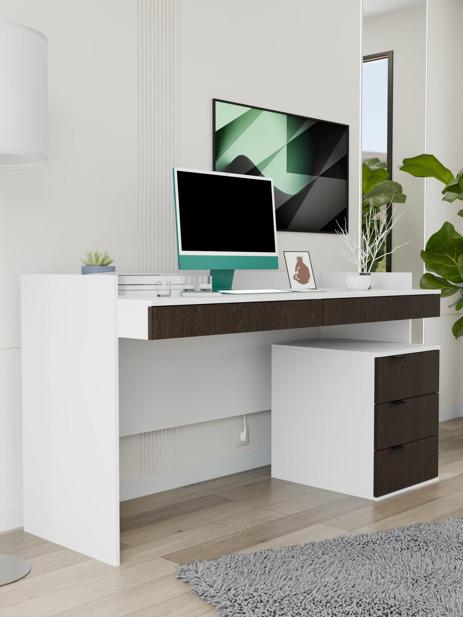 Изумлит Стол компьютерный для офиса и дома Бастион 160х87х64.5 см, корпус+столешница белый/фасад венге