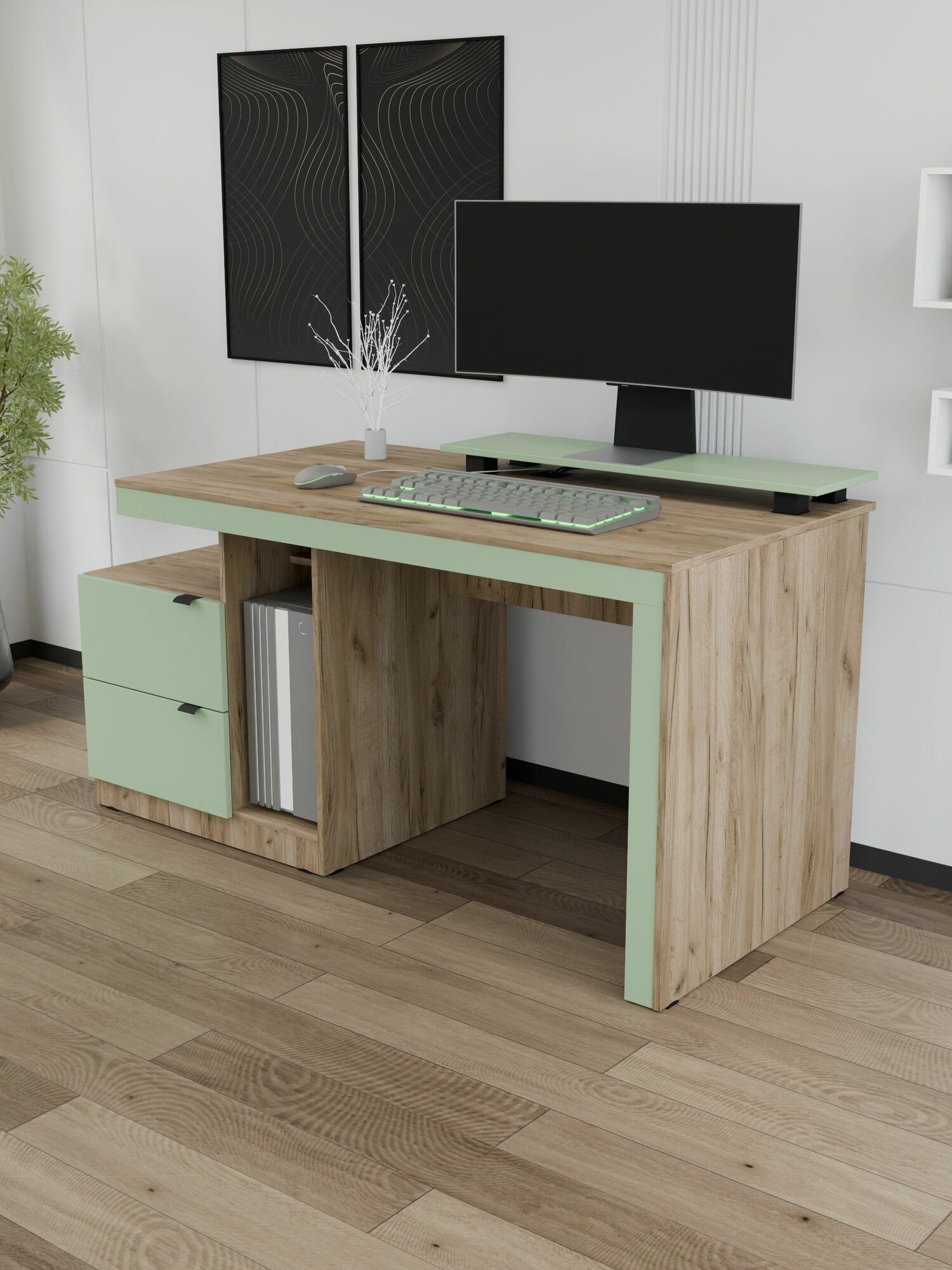 Изумлит Стол компьютерный для офиса и дома Вертикаль Лайт 162х80х74.5 см, тумба слева, дуб крафт серый - мятный