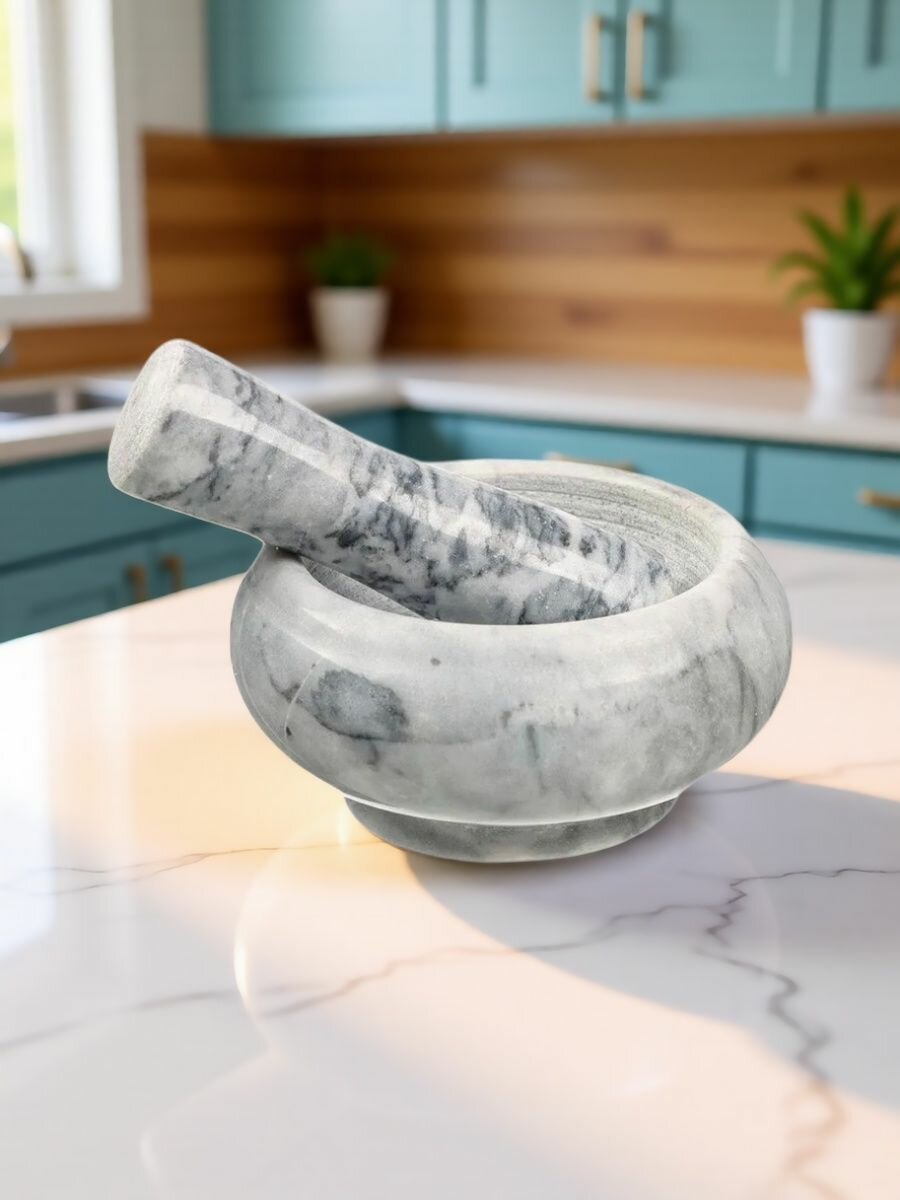Ступка с пестиком каменная для приправ 9x4.5см, мраморная, серая