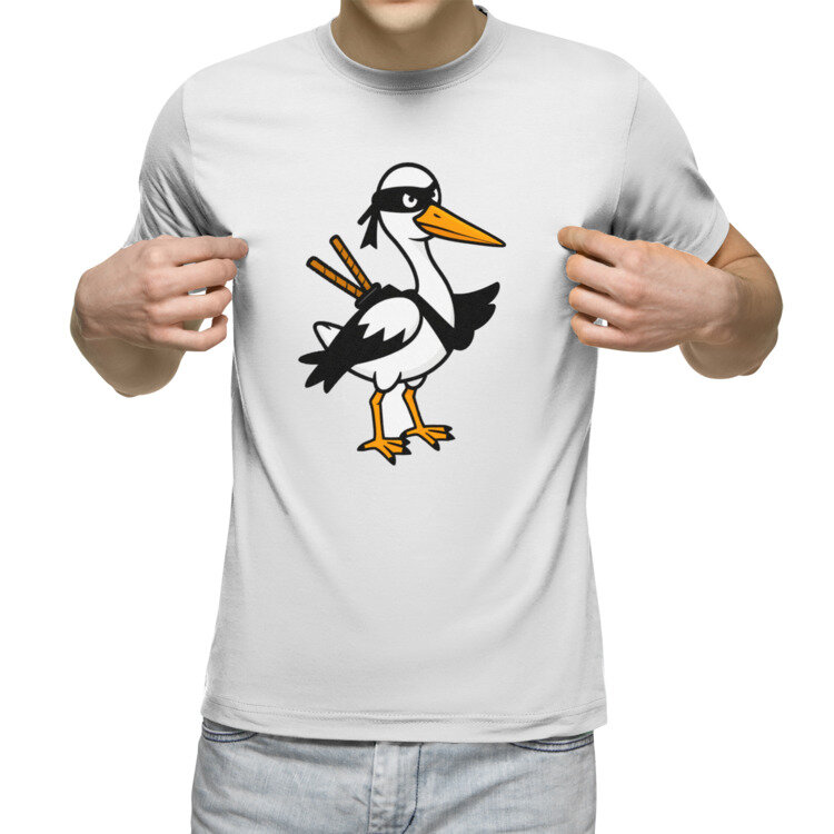 Мужская футболка «Аист-ниндзя с нунчаками» (белый, M)