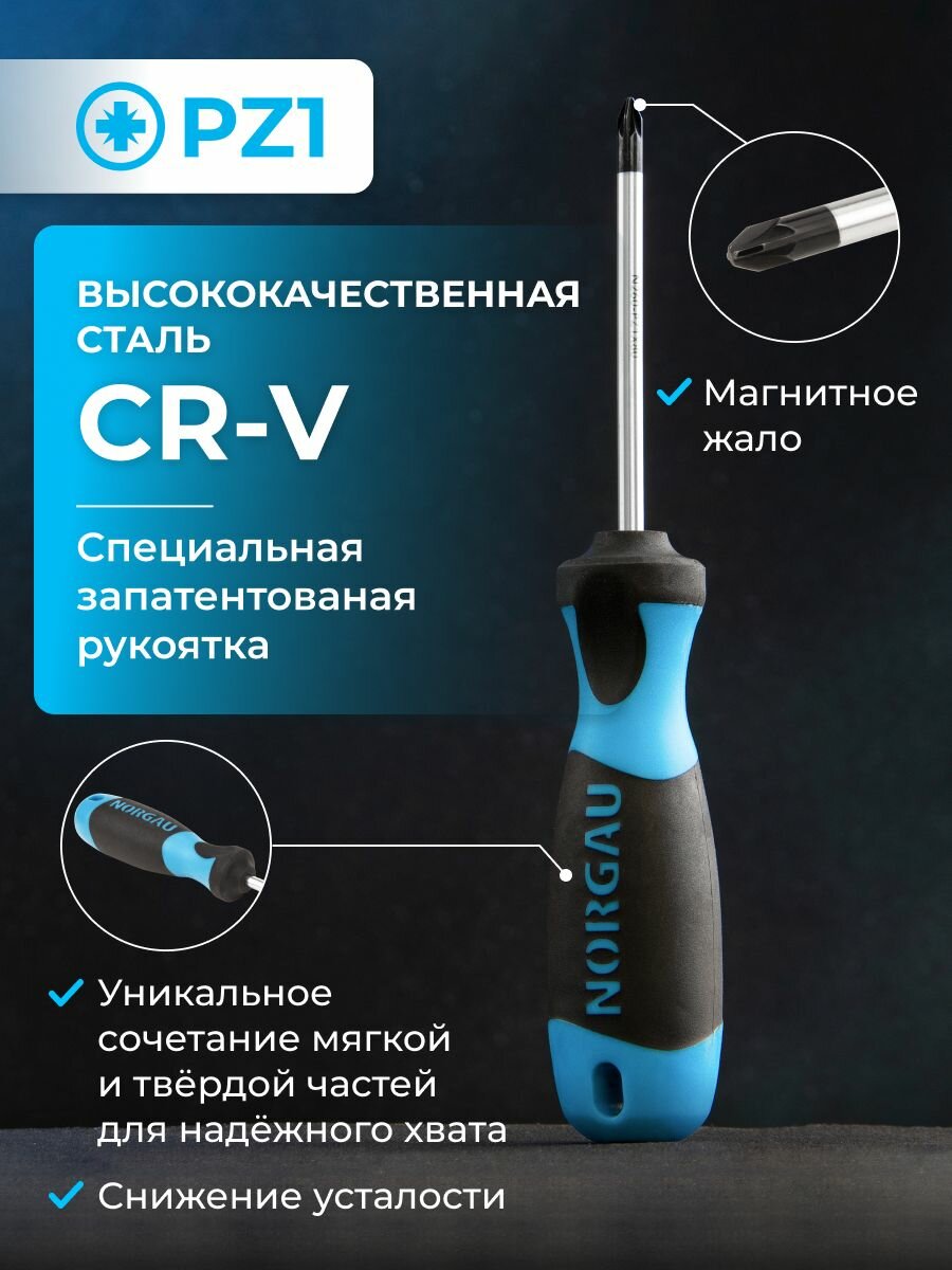Отвертка крестовая Pozidriv NORGAU Industrial из стали CrV с запатентованной рукояткой и магнитным жалом PZ1