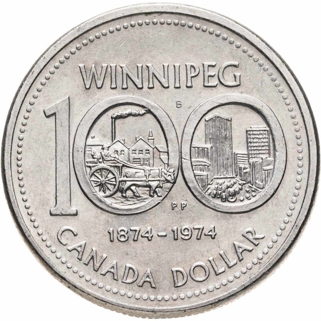 Канада 1 dollar доллар 1974 "100 лет Виннипегу", Никель, в сохранности XF-AU