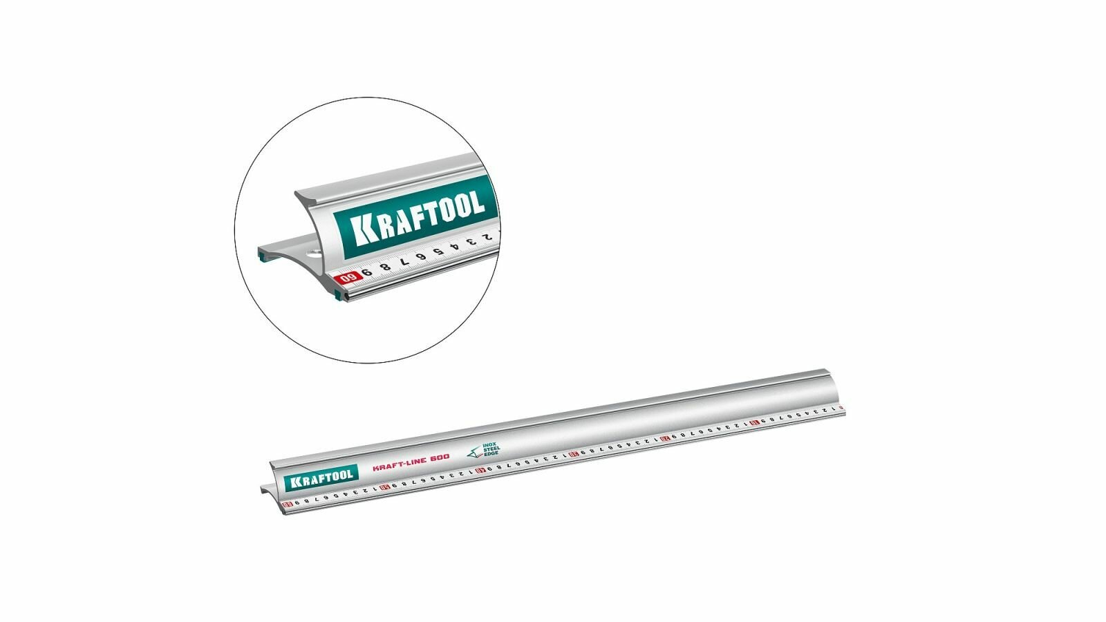 Линейка усиленная KRAFTOOL KRAFT LINE, 0,6 м, алюминиевый профиль, стальная направляющая вставка