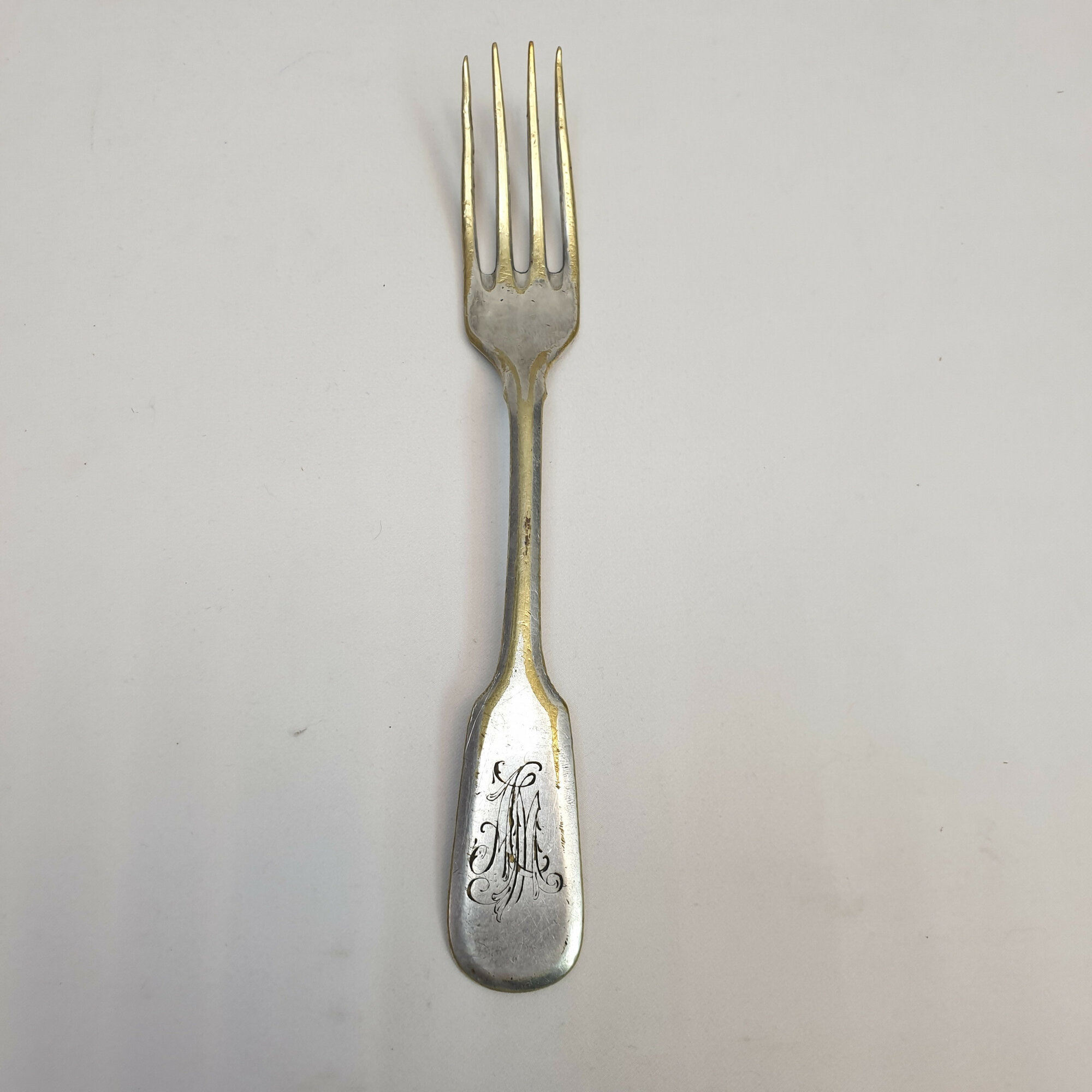 Вилка столовая с монограммой, латунь, серебрение, Антиквариат. Царская Россия