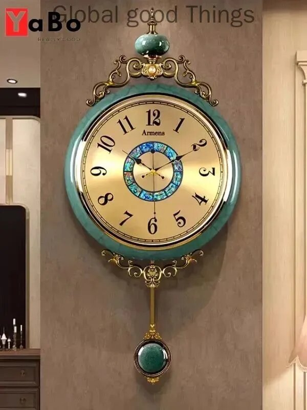 Настенные часы ретро, 56х35 см, с маятником, керамика, бирюзовый цвет, для гостиной/офиса
