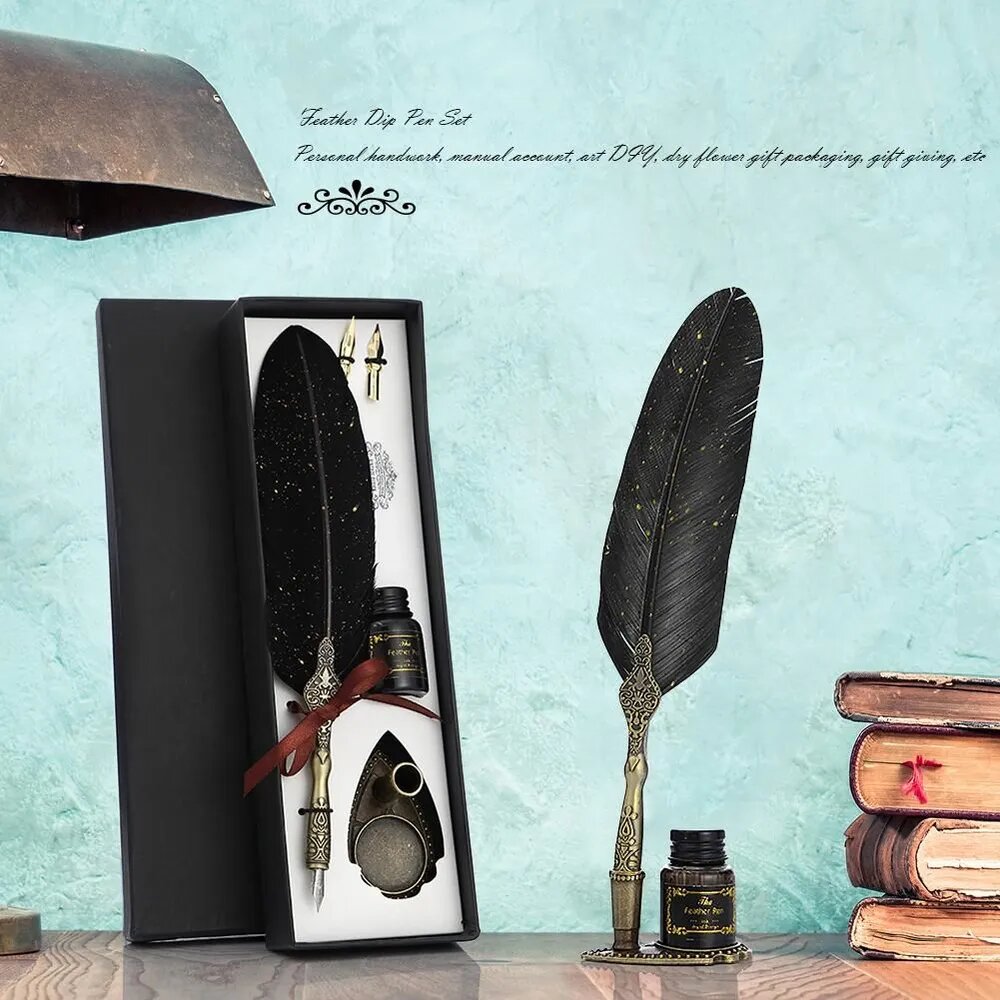 Набор для каллиграфии "Feather Dip Pen Set", черный, ретро, подарок