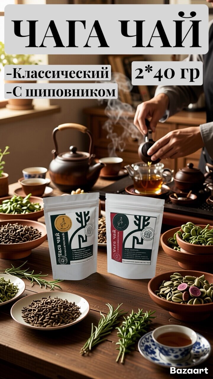 Чага чай, натуральный, классический и с шиповником, 2 шт. по 40 г