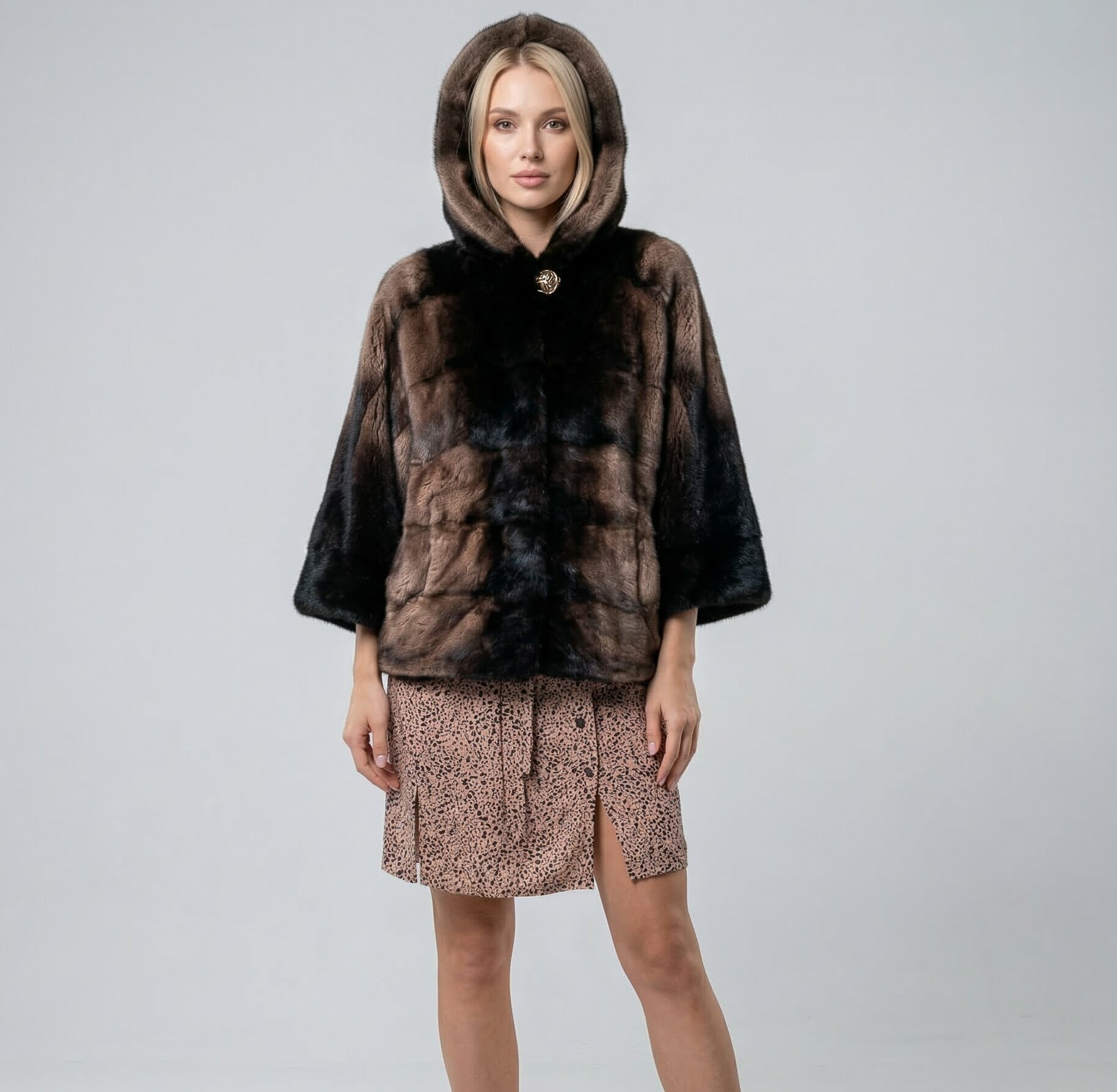 Полушубок из норки, коричнево-бежевый, размер 46 (S/M)