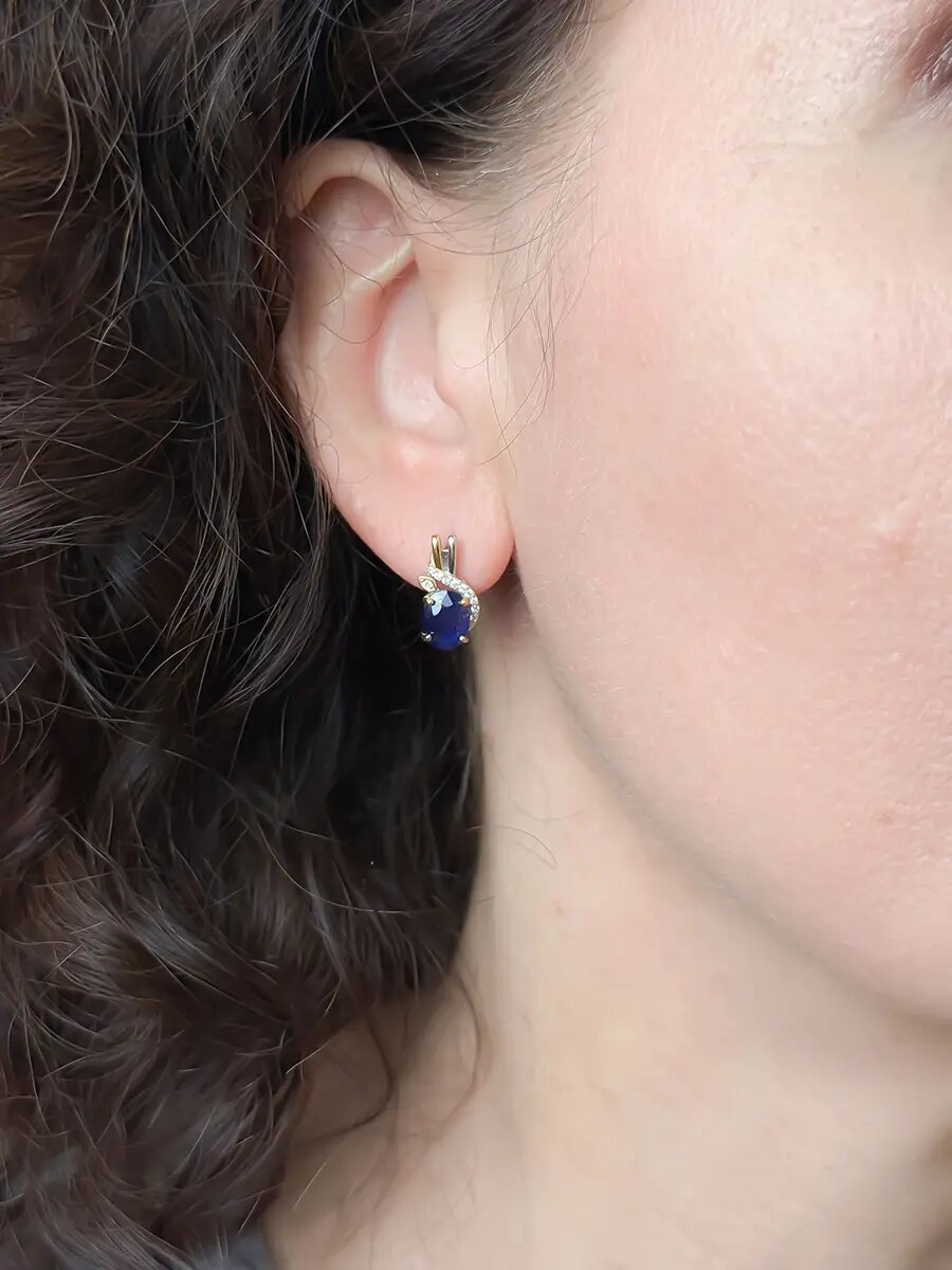 Серьги, серебро, 925 проба, золочение, родирование, сапфир, фианит