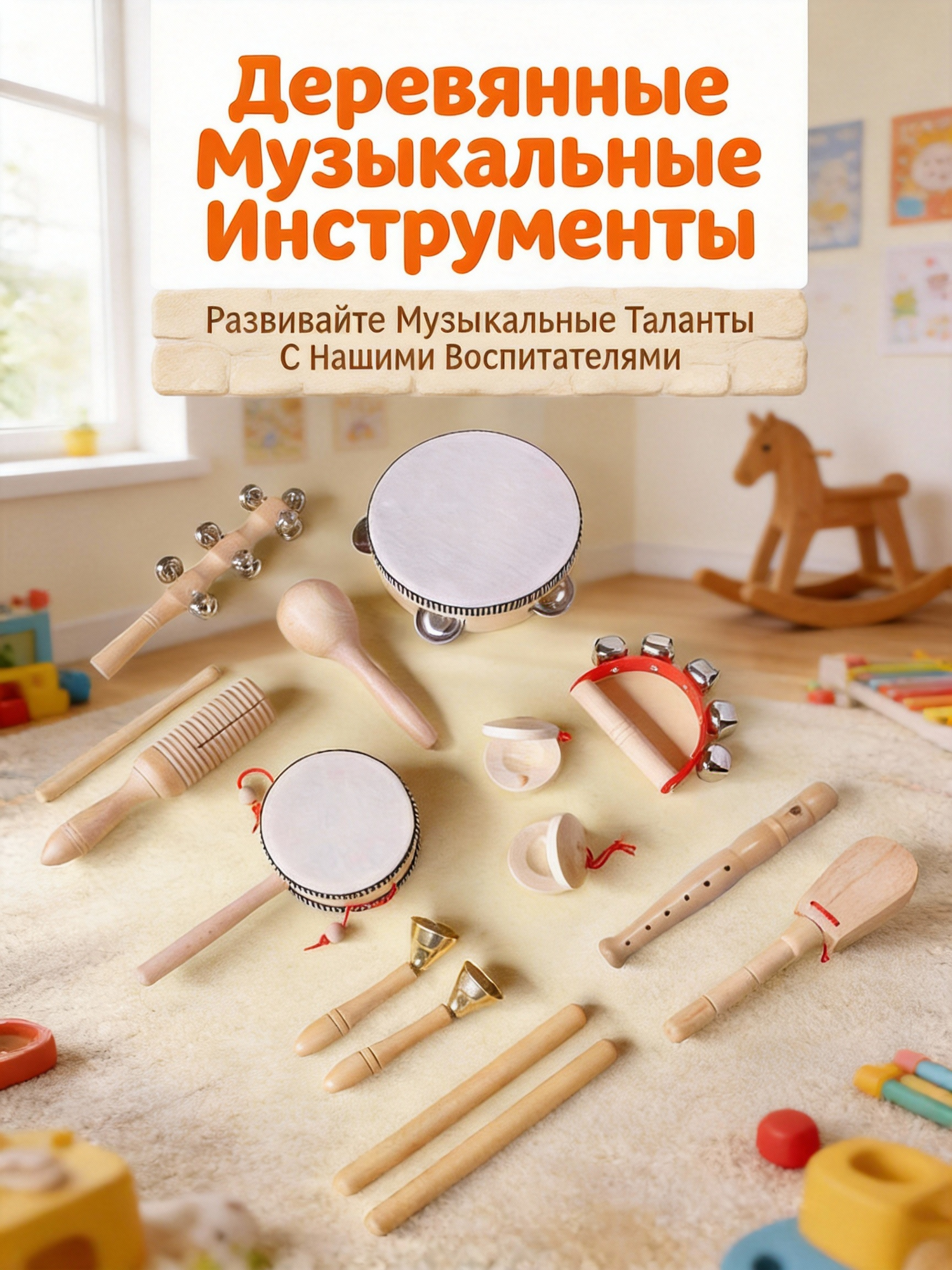 Детский деревянный набор музыкальных инструментов, тамбурин, тон-блок, колокольчики на ручке, бубенцы и кастаньеты в сумке для хранения и переноски