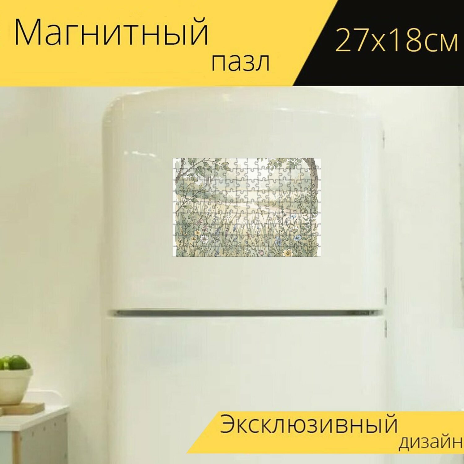 Магнитный пазл "Лесная поляна с цветами. Нежная акварельная иллюстрация летнего луга у тропинки среди деревьев и трав. Пастельные зеленые, бежевые." на холодильник 27 x 18 см.