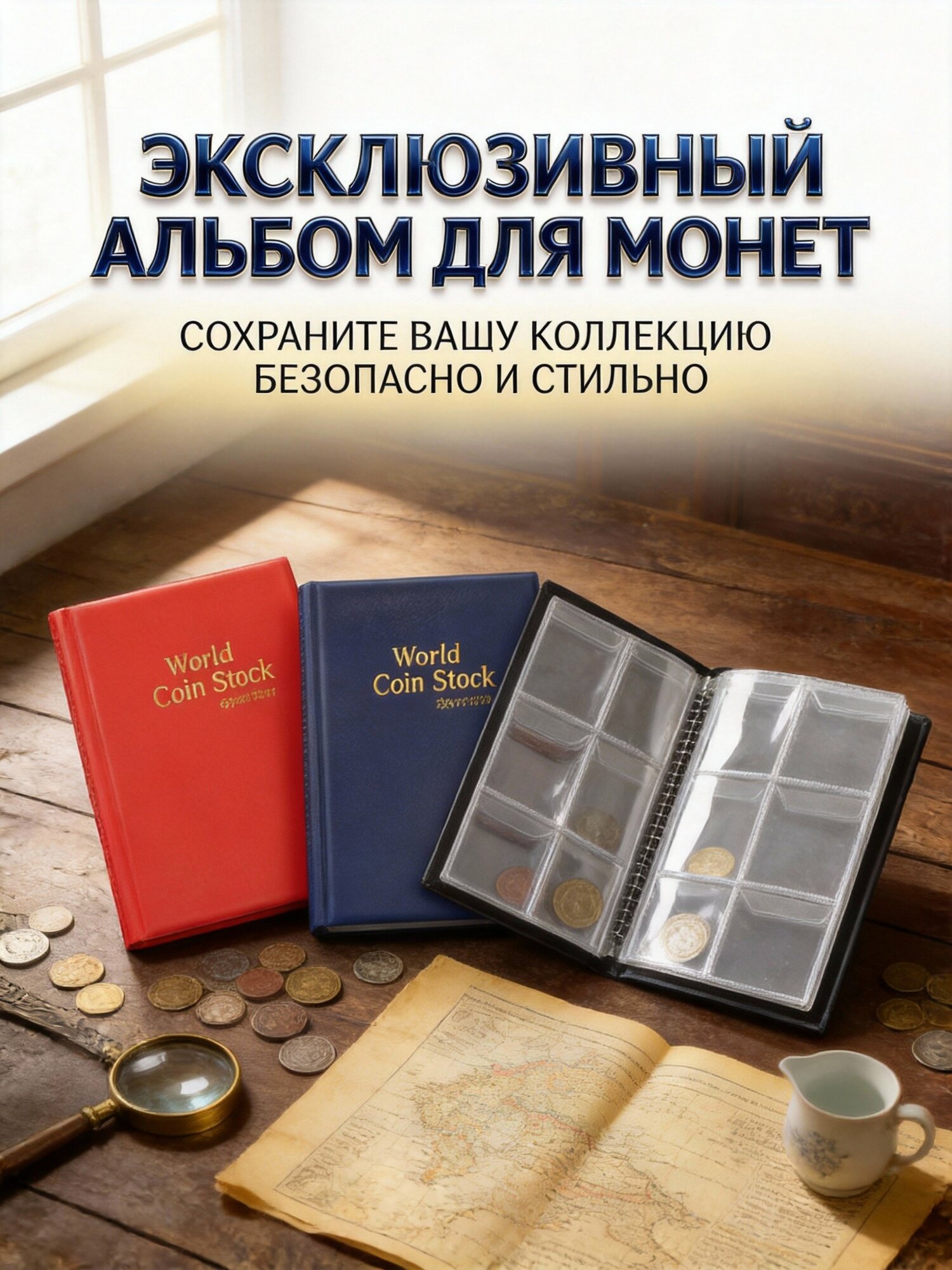 Альбом для монет на 60 ячеек, карманный коллекционный из ПВХ и PU для хранения и удобного просмотра коллекции