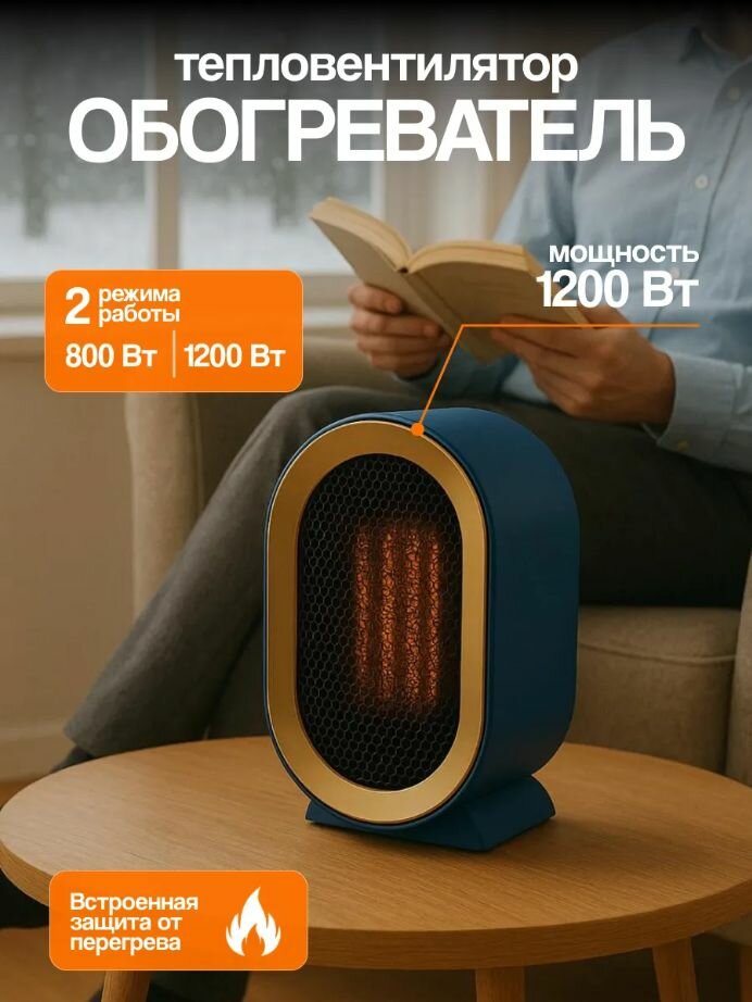Электрический мини обогреватель портативный для дома и дачи Синий, на пол, 1200 Вт,