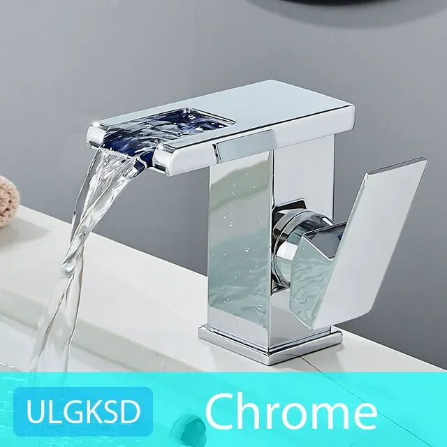 Кран для раковины в ванной комнате ULGKSD Cold&Hot Гидроэлектрический светодиодный раковенный кран Монтируемый на столешницу Водопадный смесительный кран Двухцельный кран для кухни Chrome